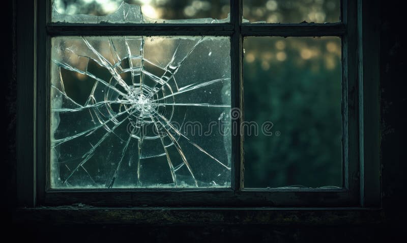 Broken Window with Spiderweb-like Cracks Revealing Blurred Green ...