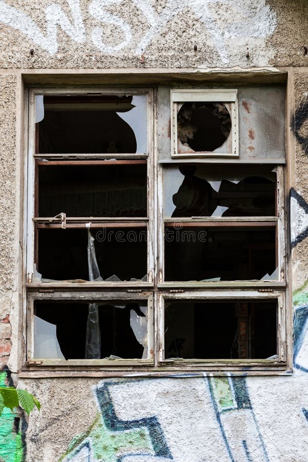 Broken Windows in Abandoned Factory View from Outside Stock Photo ...