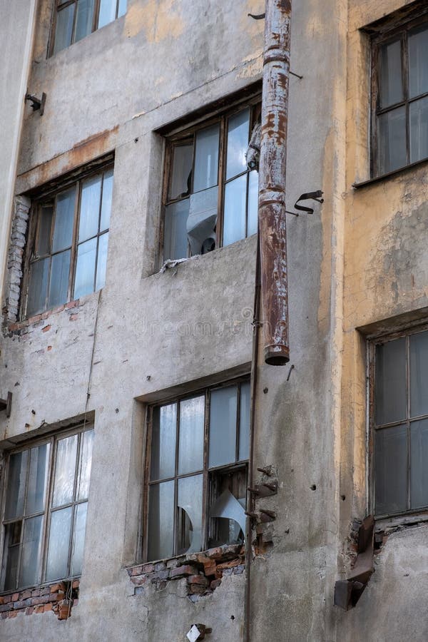 Shattered Windows on Abandoned Industrial Building Stock Image - Image ...