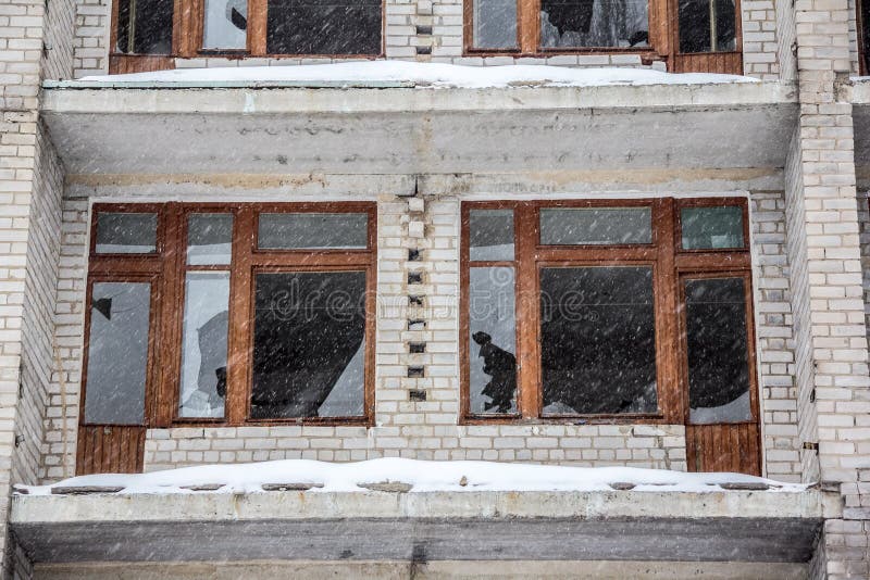 Broken Windows of Destroyed Abandoned House, Winter Stock Image - Image ...