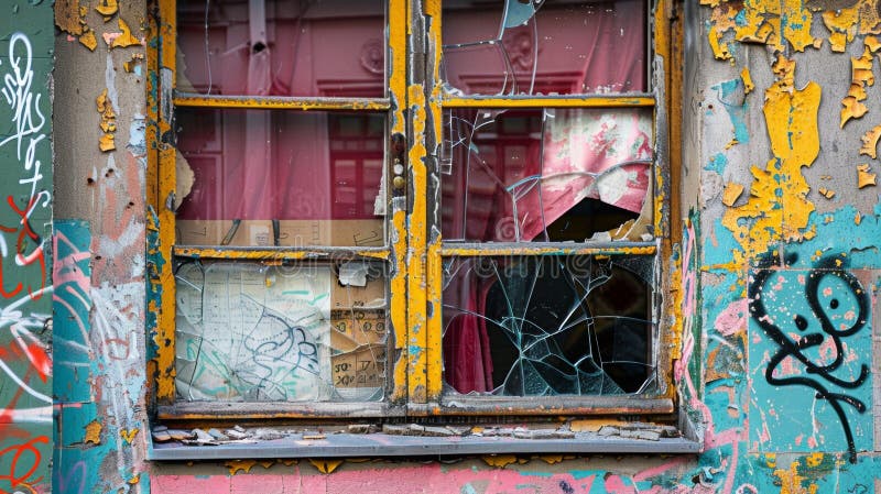 Broken Windows and Graffiti Cover the Once Vibrant Facade of a ...