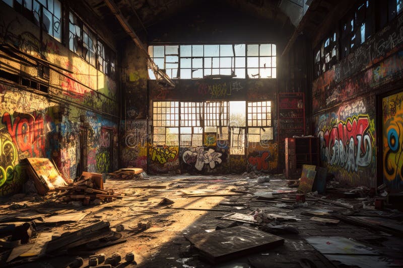 Broken Windows and Graffiti in a Desolate Factory Stock Illustration ...