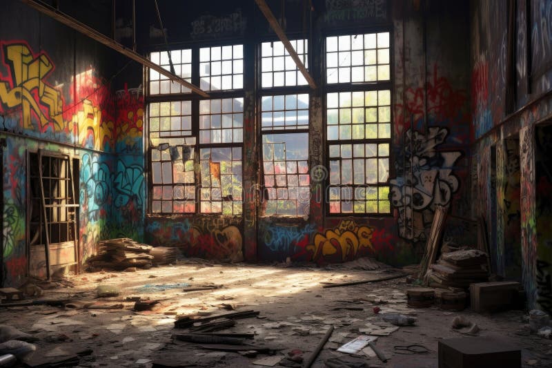Broken Windows and Graffiti in a Desolate Factory Stock Illustration ...
