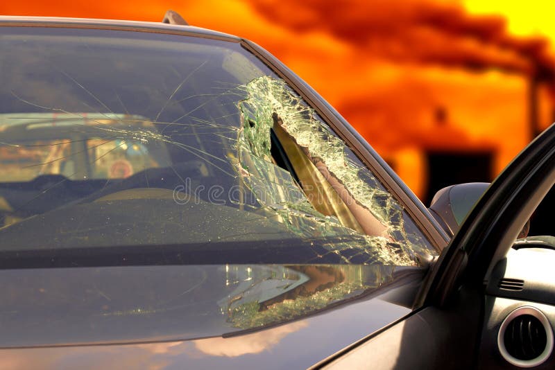 Broken Windscreen at Black Car in Traffic Accident Stock Photo - Image ...