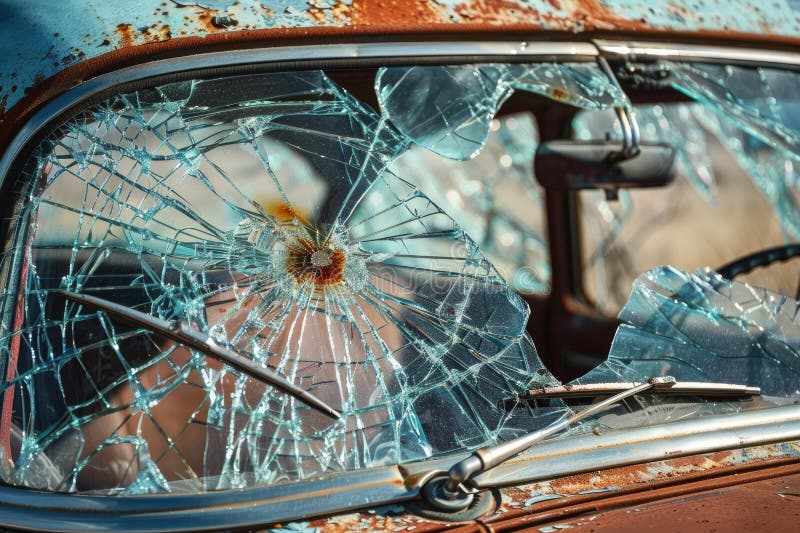 Broken Windshield on an Abandoned Vintage Car Rusting Away Stock Illustration - Illustration of ...