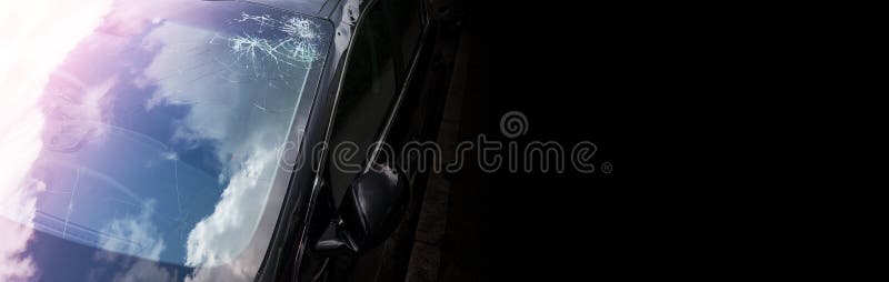 Broken Windshield Banner with Copy Space on Black Background Stock ...