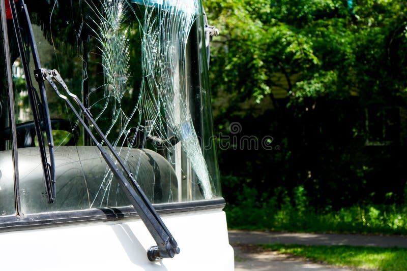 Broken windshield of a bus stock photo. Image of closeup - 180062688