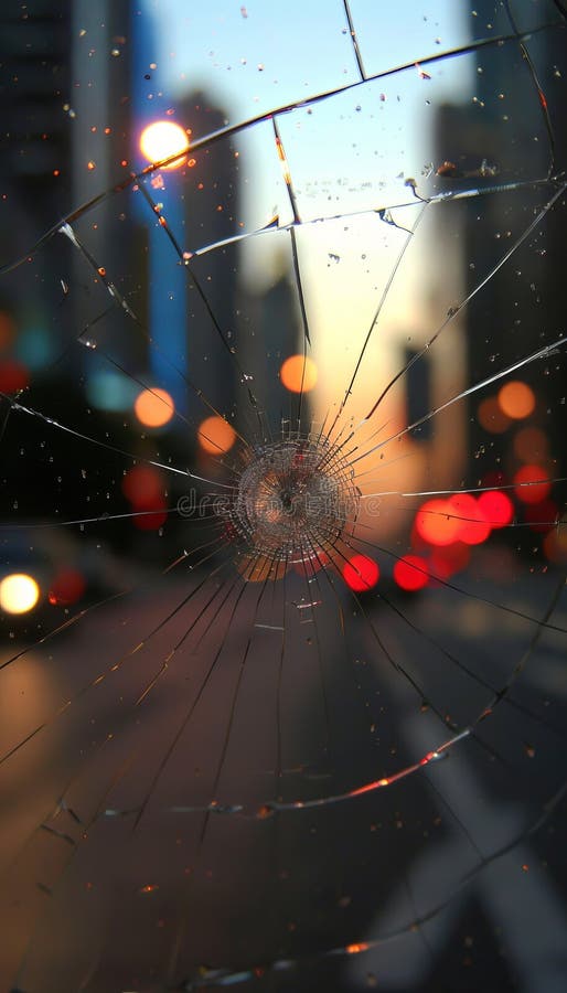 Broken Windshield, Hole and Cracks from Impact, Cityscape Night View ...