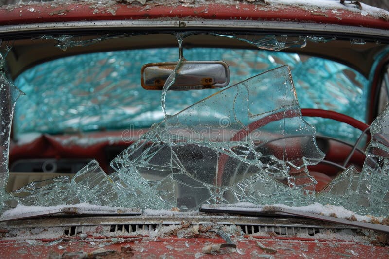 Broken Windshield of a Red Abandoned Car Reflecting the Sky Stock Image ...