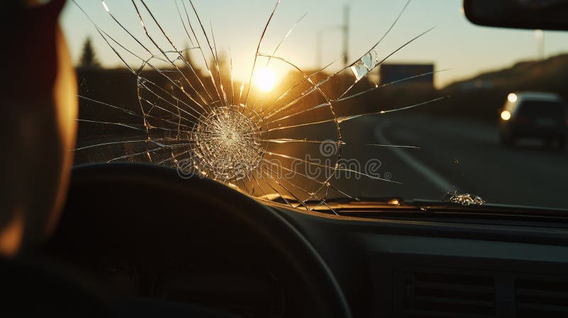 Broken Windshield Reflecting Golden Sunset on Highway, Driver ...