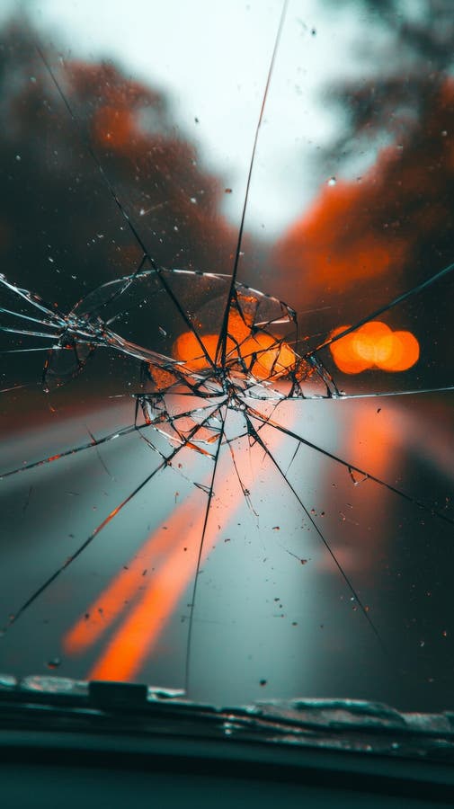 Broken Windshield Showing Traffic Lights and Road Lines after Car Crash ...