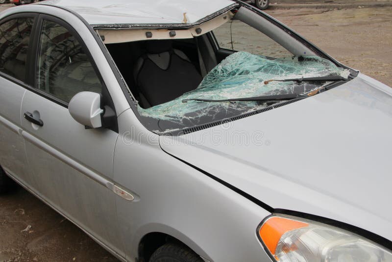 Broken Windshield. a Broken Silver Car after an Accident on the Road ...