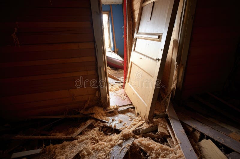 A Broken Wooden Door in a Dingy Corridor Stock Image - Image of ...
