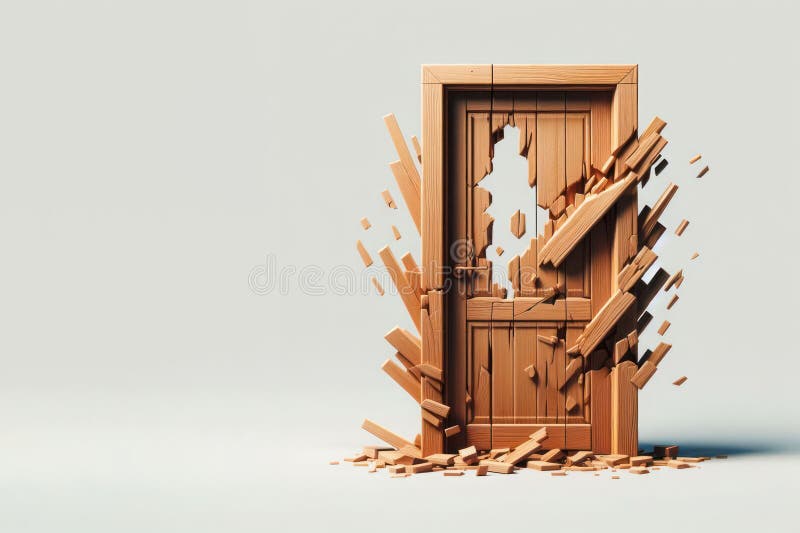 Broken Wooden Doors. 3D Image. Space for Text. Stock Illustration ...