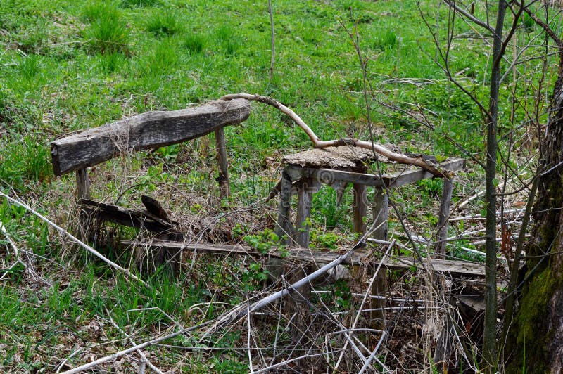 Broken Wooden Table and a Bench Stock Image - Image of bench, branch ...