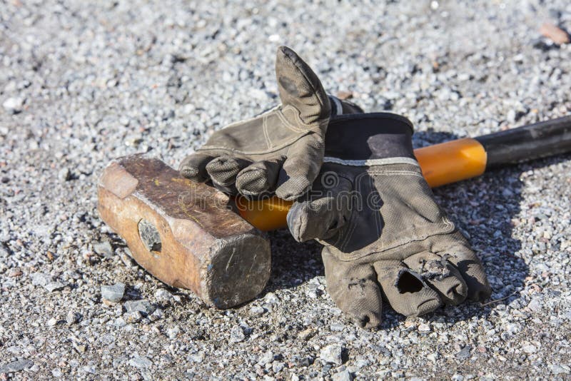 Broken Work Gloves and Big Hammer. Stock Image - Image of construction ...
