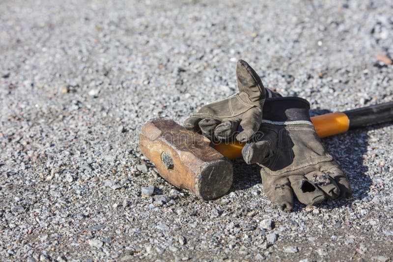 Broken Work Gloves and Big Hammer. Stock Image - Image of construction ...