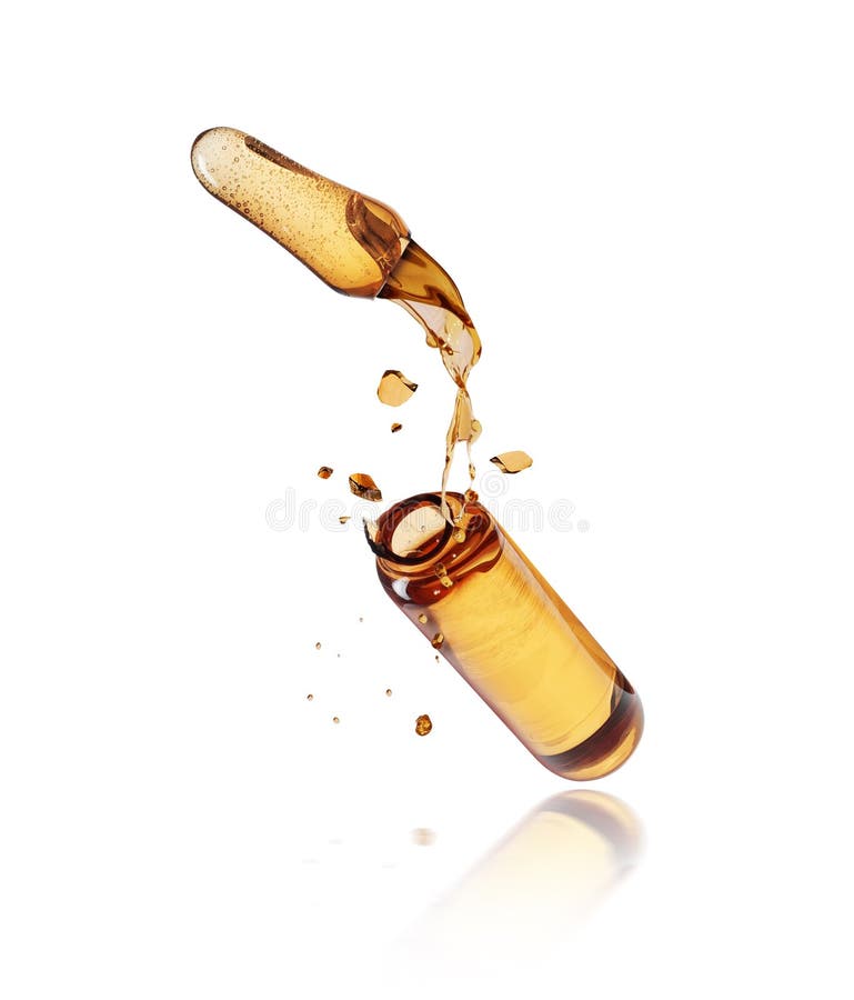 Broken Yellow Ampule with Splashes Close Up Isolated on a White ...