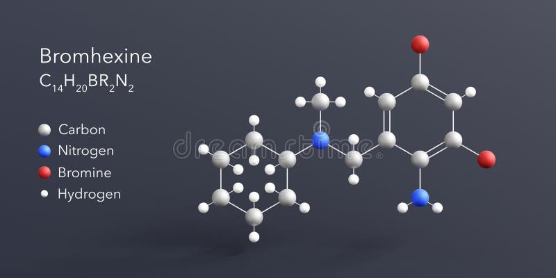 Bromhexine Molecule 3d Rendering Flat Molecular Structure With Chemical Formula And Atoms Color