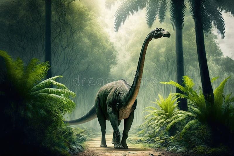 Brontosaurus Walking in a Tropical Forest Stock Illustration ...