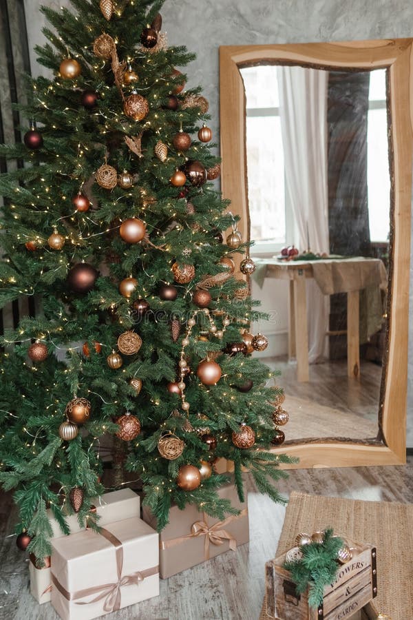 Bronze Balls on the Christmas Tree. Christmas Tree Design Decorations ...