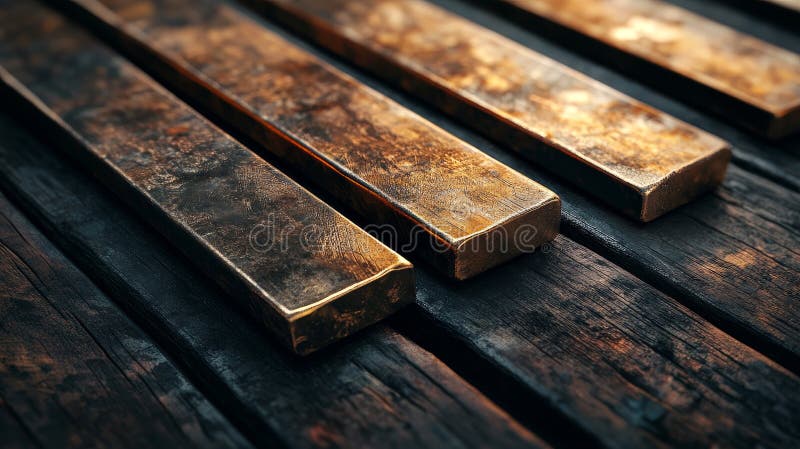 Bronze Bars on Dark Wood Planks Rustic Bronze Rectangular Bars Rest on ...