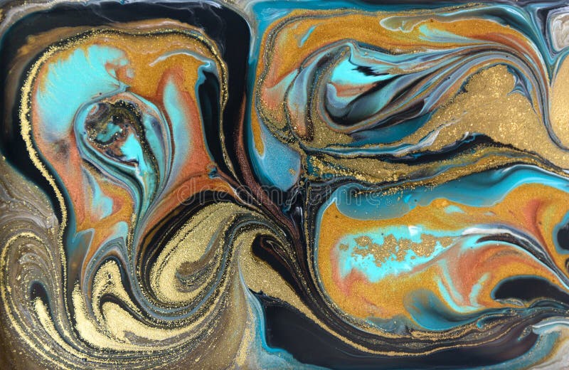 Bronze, Blue and Gold Marbling Pattern. Golden Marble Liquid Texture ...
