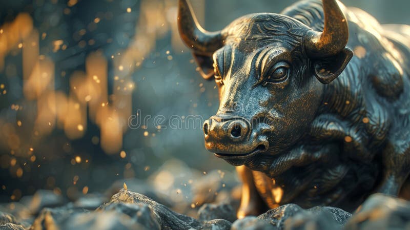 Bronze Bull Sculpture with Sparkling Backdrop. Stock Photo - Image of ...