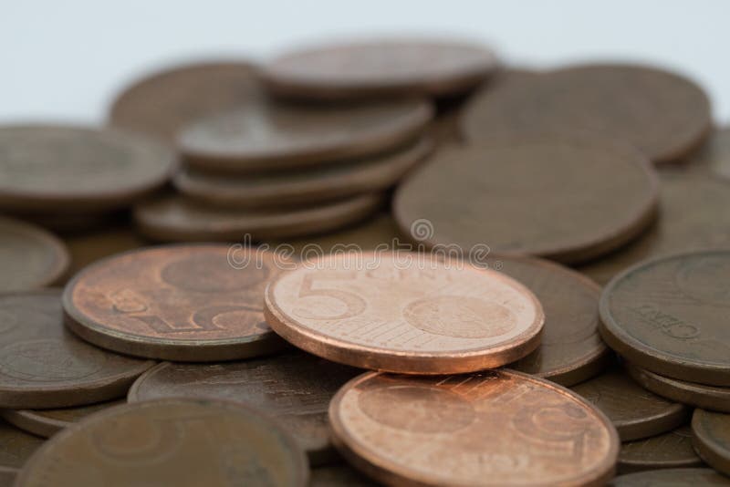 Bronze Coins on White Background. Coins of Five Euro Cents Stock Image ...