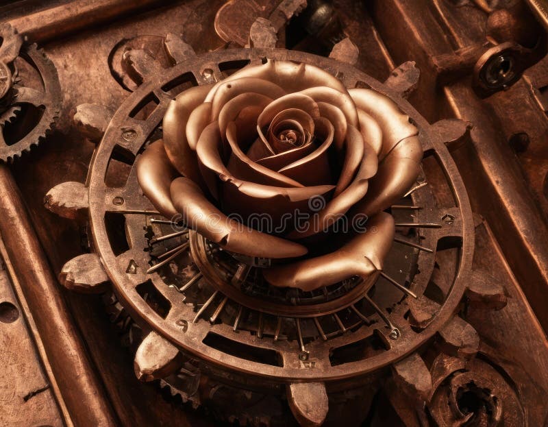 A Bronze-colored Rose is Artistically Integrated with Mechanical Gears ...