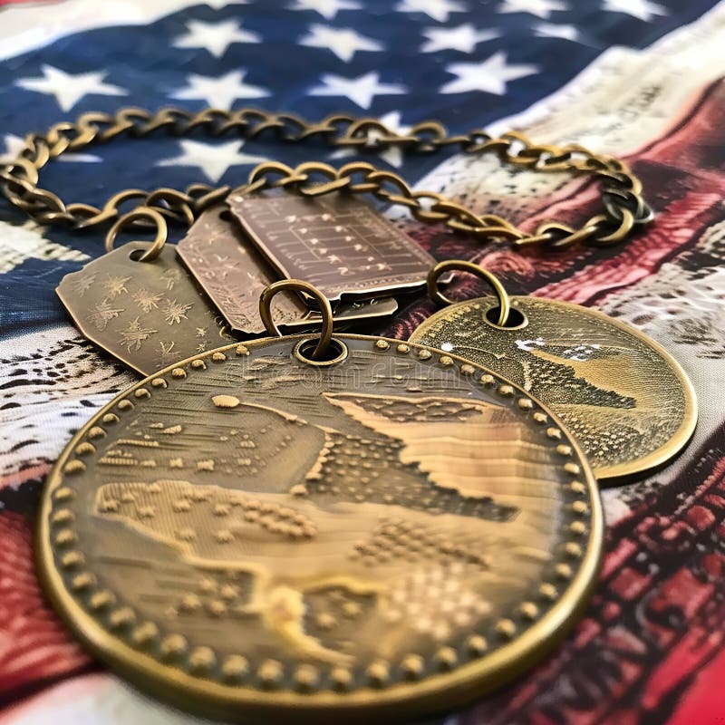 Bronze Dog Tags and Challenge Coins on American Flag Stock Illustration ...