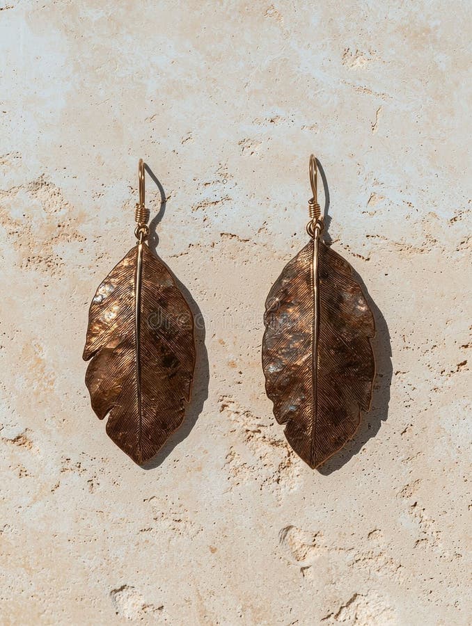 Bronze Feather Earrings on a Beige Background Stock Illustration ...