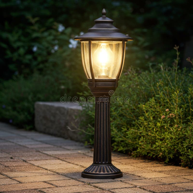 Bronze Garden Lamp Post with Warm Light at Night Stock Illustration ...
