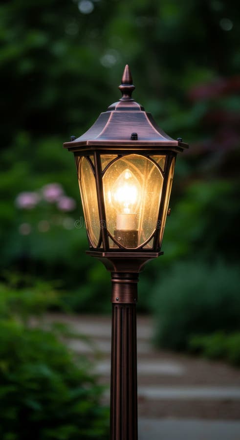 Bronze Garden Lantern Illuminating Pathway at Dusk Stock Illustration ...