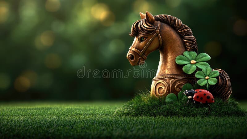 Bronze Horse Bust with Clover and Ladybug on Lush Grass Background ...