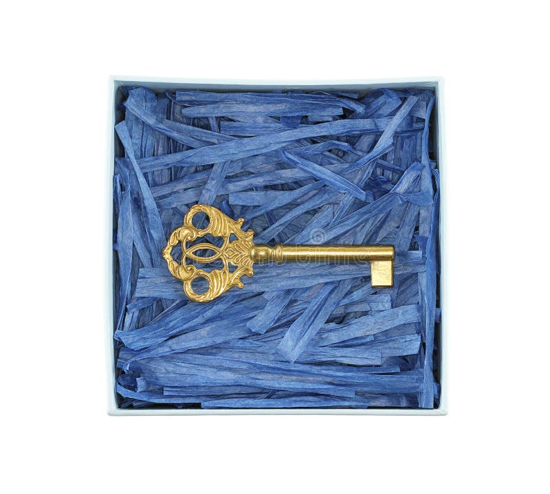 Bronze Key Enclosed with Blue Paper Raffia Strips in Paper Box Isolated ...