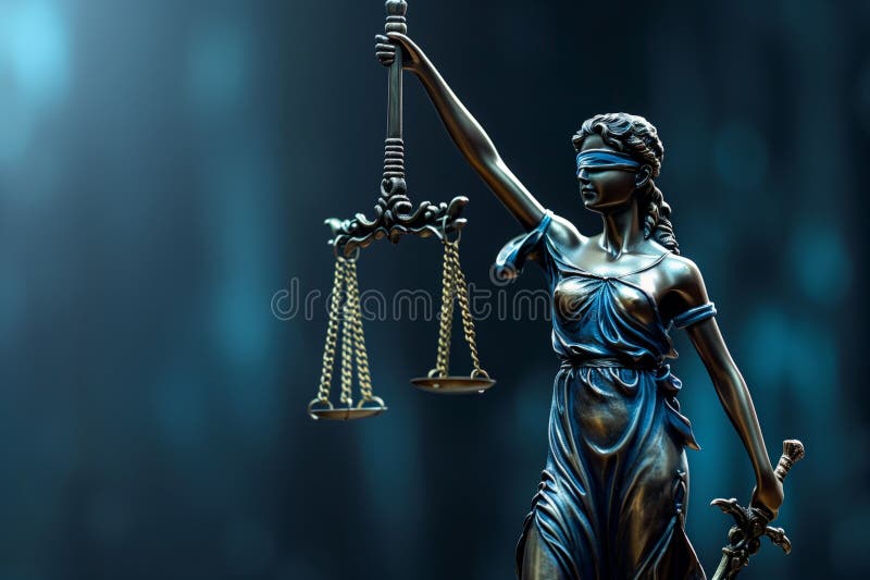 Bronze Lady Justice Statue on Blue Background Stock Image - Image of ...