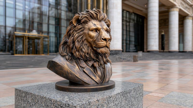 Bronze Lion Bust Wearing a Suit in Front of a Building. Stock ...