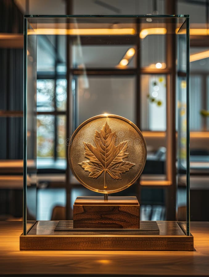 Bronze Maple Leaf Trophy in Glass Display Case on Wooden Base. Stock ...