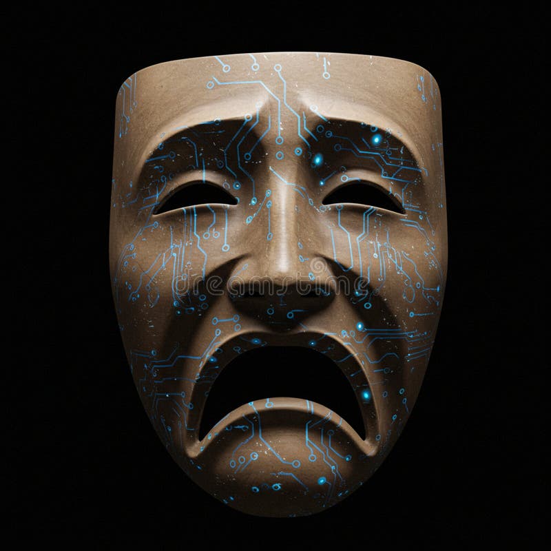 Bronze Mask with a Sorrowful Expression Features Blue, Circuit-like ...