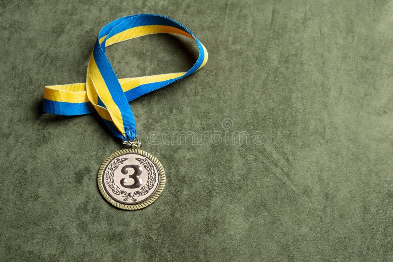 The Bronze Medal for Third Place with Yellow-blue Ribbon, Copy-space ...