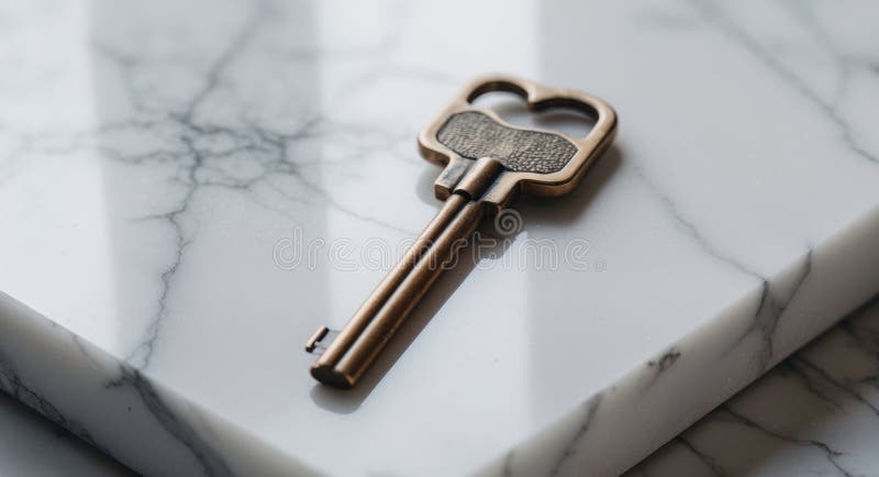 Bronze Metal Key on White Marble Surface for Home Security Access ...