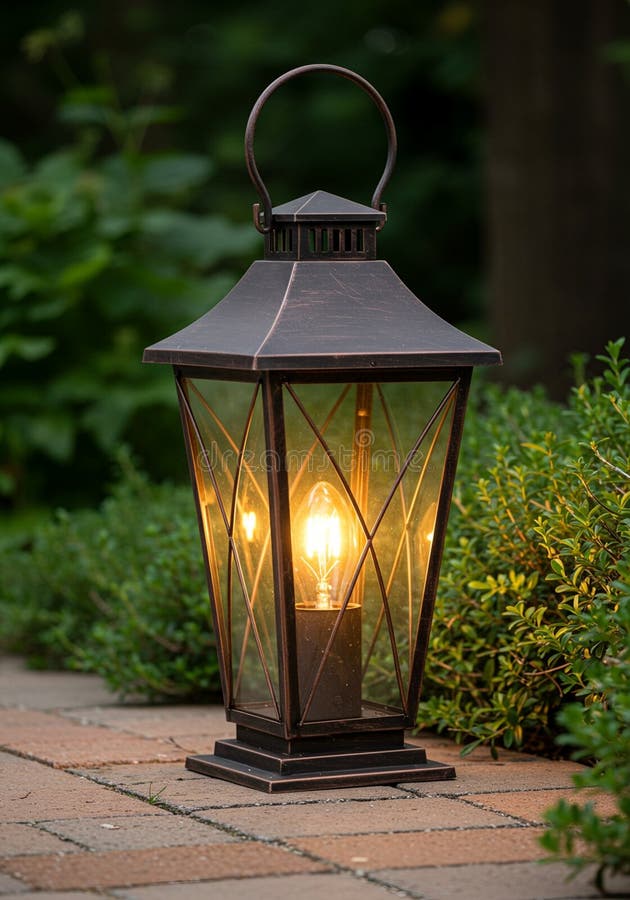 Bronze Metal Lantern Illuminating Garden Path at Dusk Stock ...