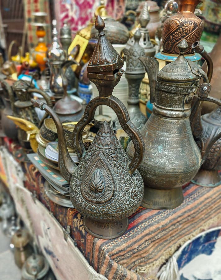 Bronze Old Jugs Sold at the Old Market in Dubai Stock Photo - Image of ...