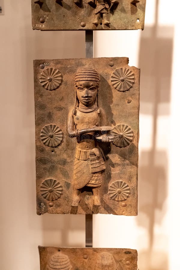 Bronze Plaque from Benin, Featuring a Central Figure in Traditional ...