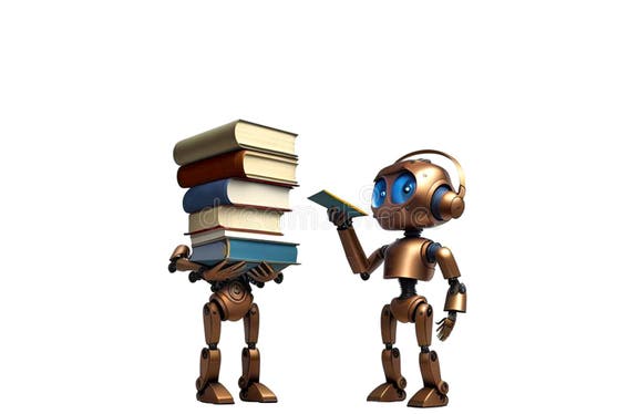 Bronze Robot with a Book in His Hands and a Large Stack of Books on a ...