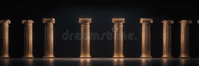 Bronze Roman Greek Columns Lighting on Plain Black Background Banner Ai ...