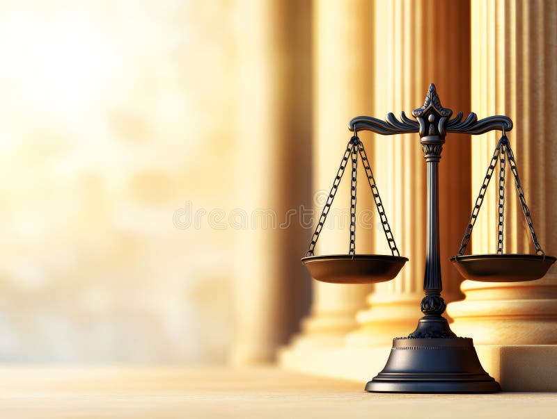 Bronze Scale of Justice Standing in Front of Elegant Columns with Warm ...