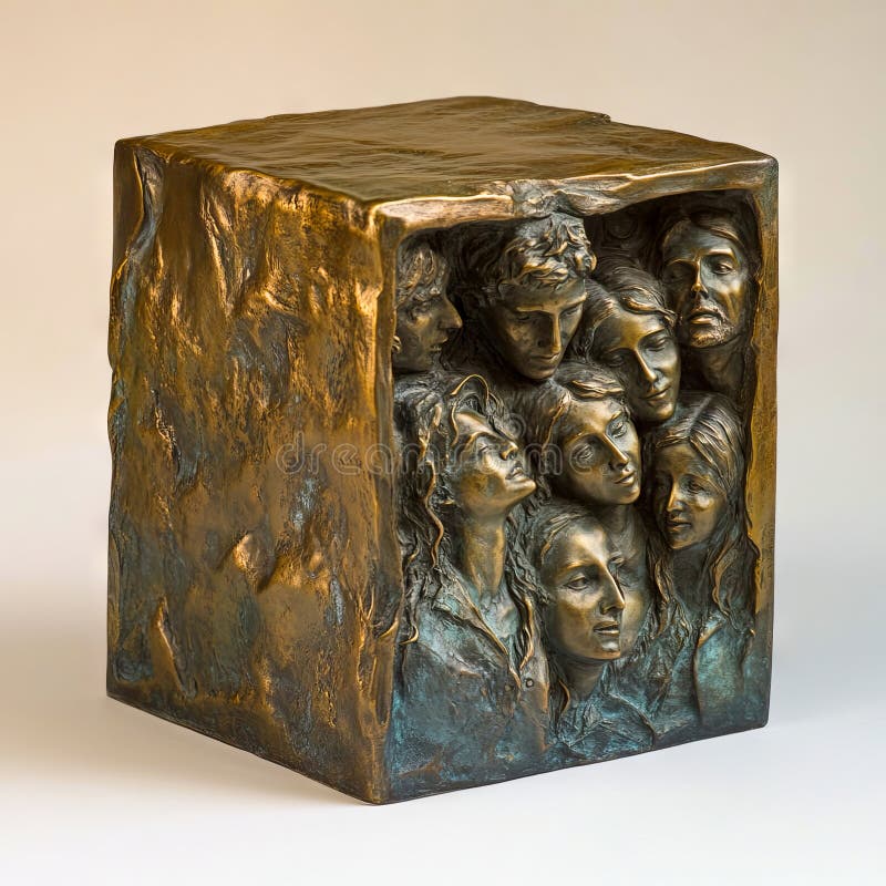 A Bronze Sculpture of a Group of People in a Cube Stock Image - Image ...