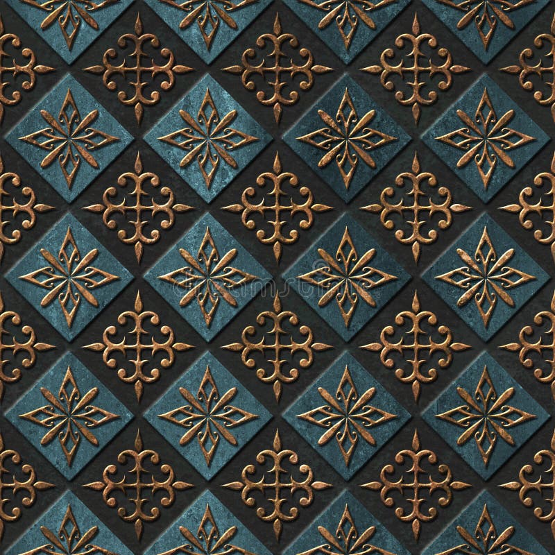 Bronze Seamless Texture with Carving Square Pattern, 3D Illustration ...